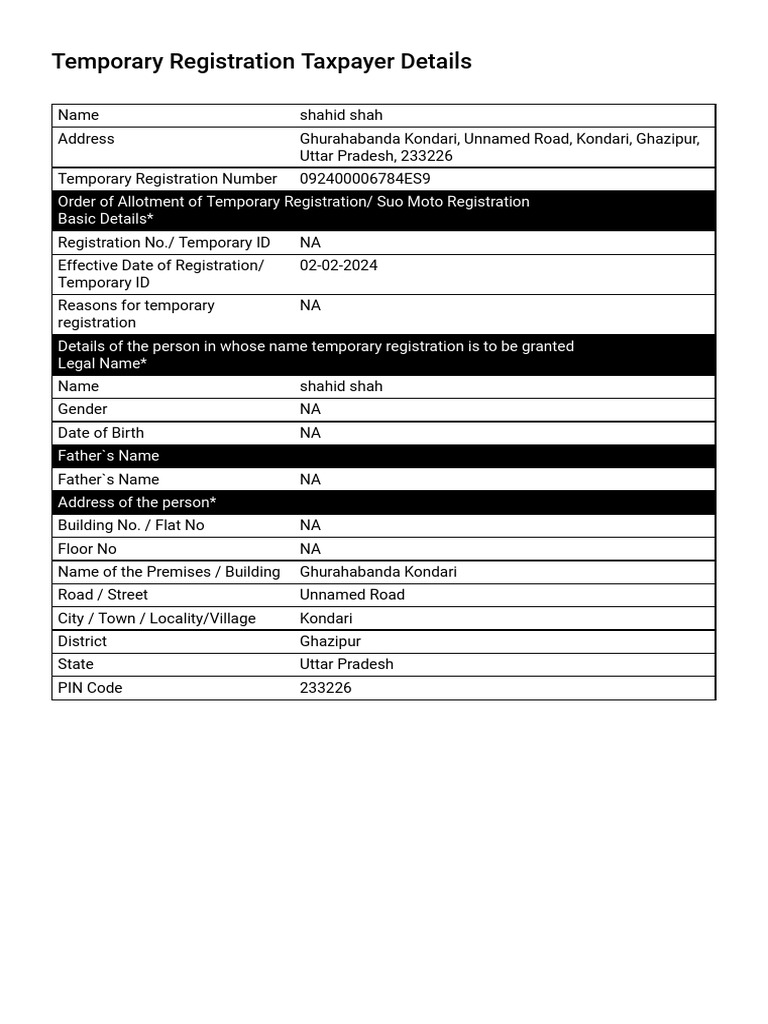 Temporary Registration Taxpayer Details | PDF