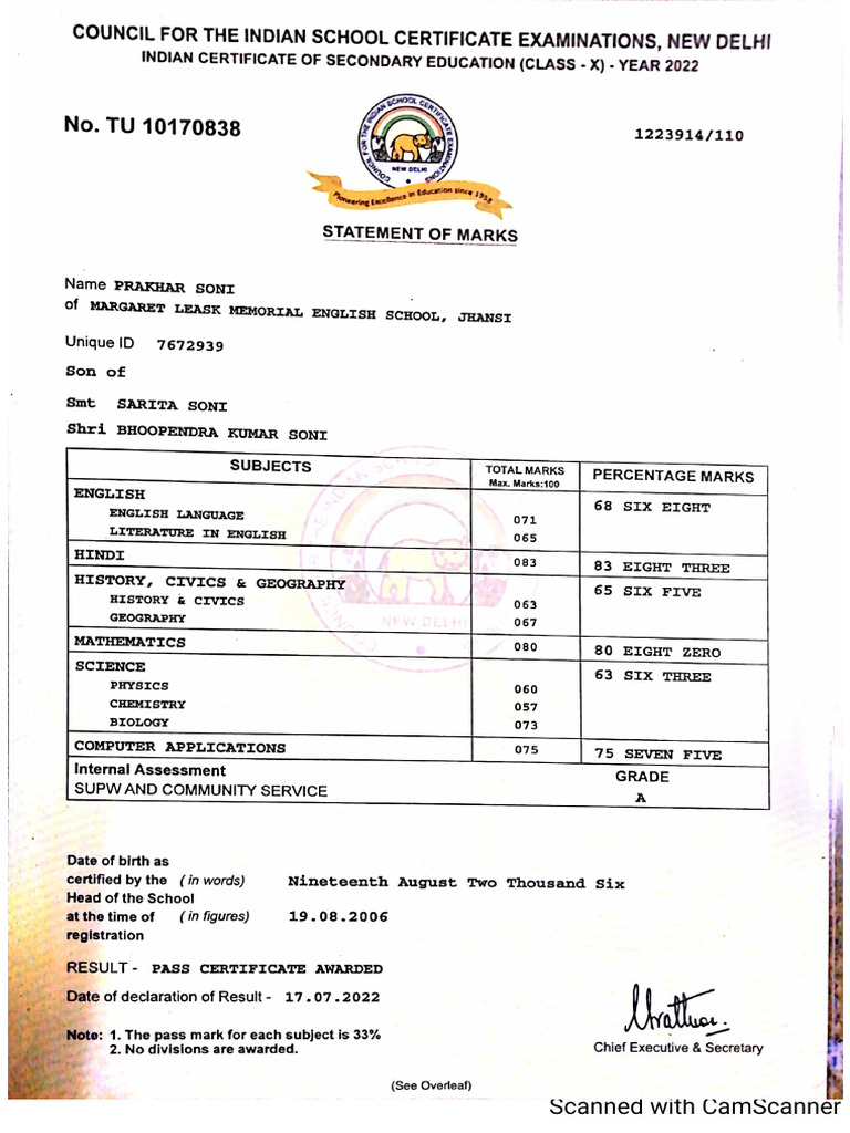 10th Class Board Marksheet | PDF