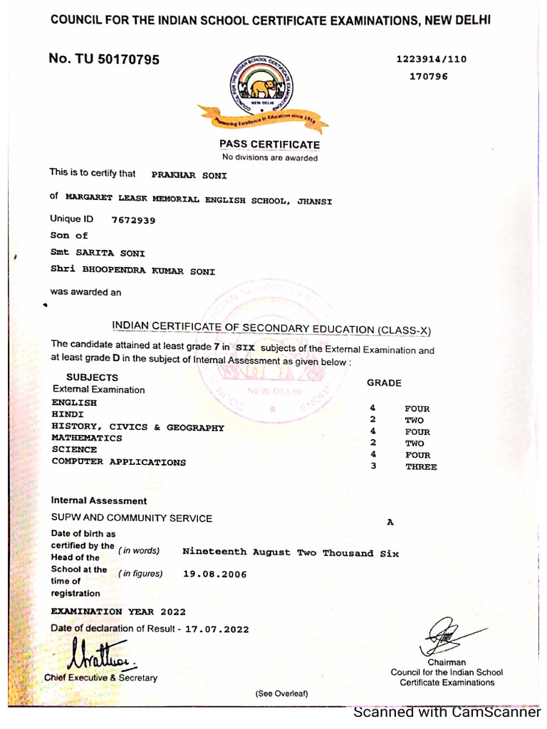 10th Class Pass Certificate | PDF