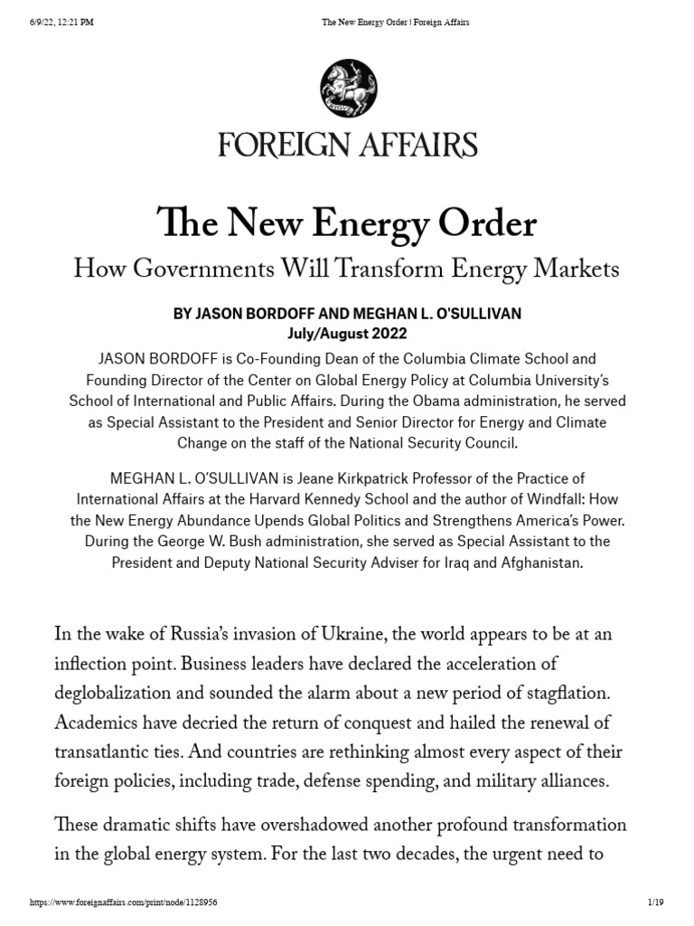 The New Energy Order - Foreign Affairs - Jason Bordoff | PDF | 1973 Oil ...