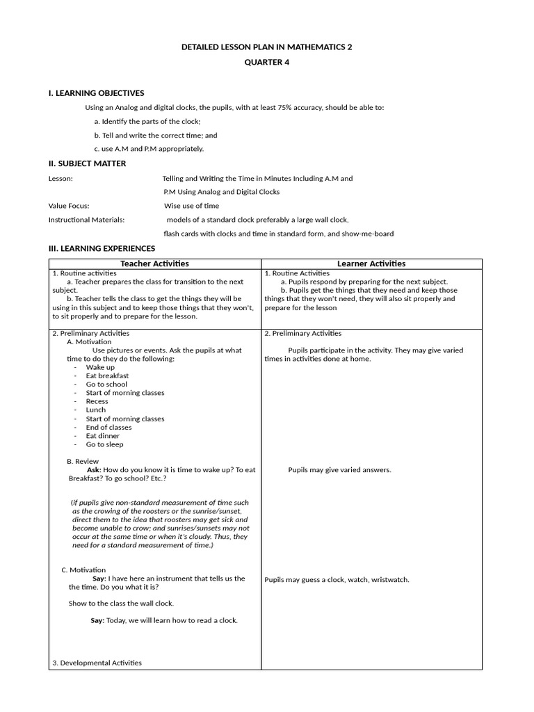 Detailed Lesson Plan in Mathematics 2 | PDF | Clock | Lesson Plan