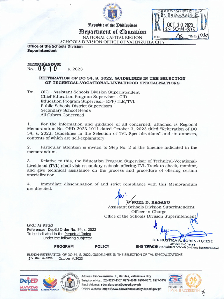 Reiteration of Do 54, S. 2022 - Guidelines in The Selection of Technical-Vocational-livelihood ...