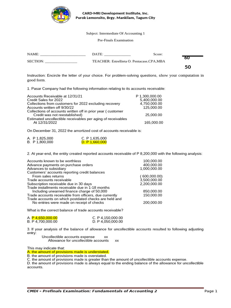 Intermediate-Accounting-1_Prefinals-Exam | PDF | Cost Of Goods Sold | Loans