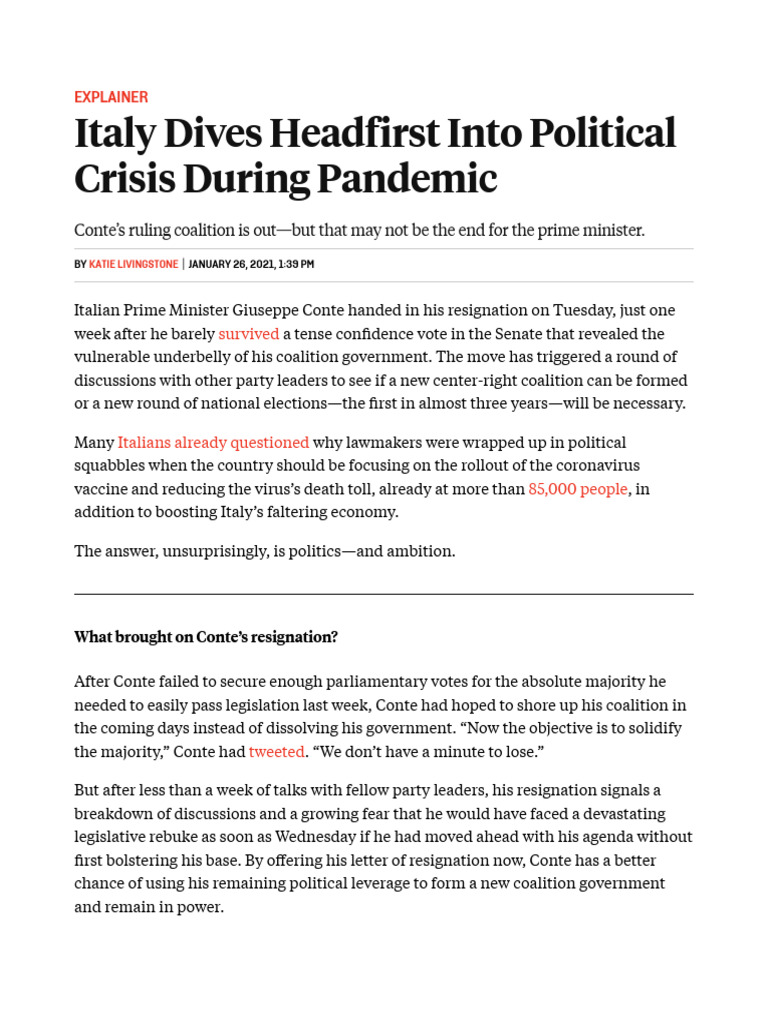 Italy Dives Headfirst Into Political Crisis During Pandemic - News ...