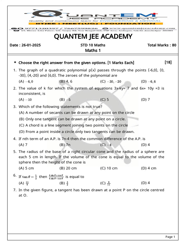 Maths Exam Questions for Std 10 | PDF | Circle | Sphere