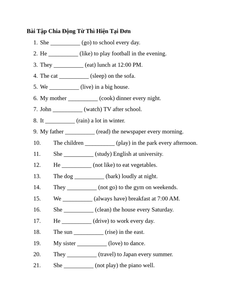 BÀI TẬP CHIA ĐỘNG TỪ HTĐ HTTD QKD TLD TLG (26 bản) | PDF