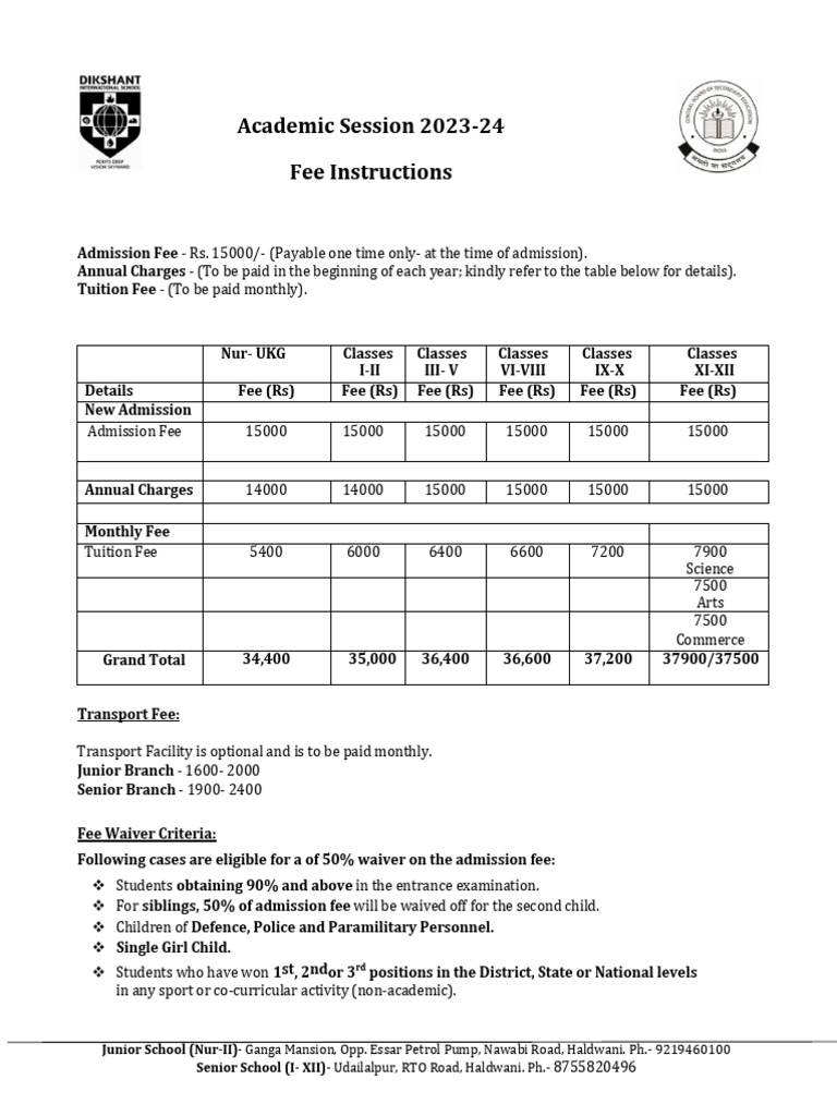 School Fee Structure 2023-24 Haldwani | PDF | Fee | Money