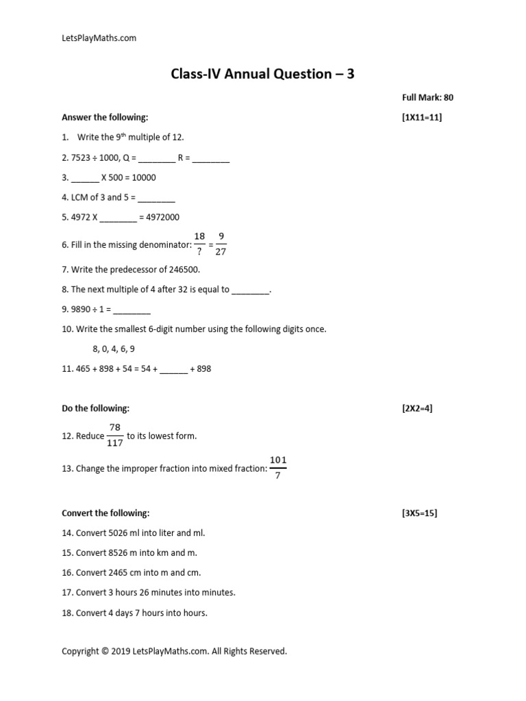 Class IV Math Annual Questions | PDF | Elementary Mathematics | Mathematics