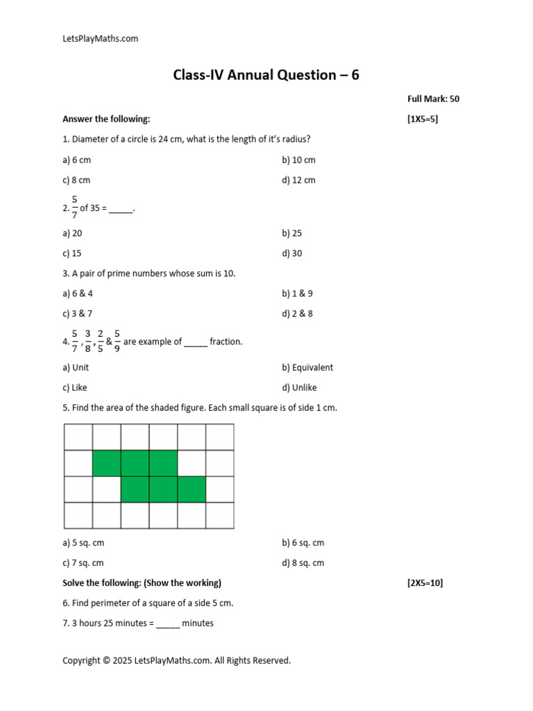 Class 4 Annual Examination Sample Questions Set F | PDF | Area ...