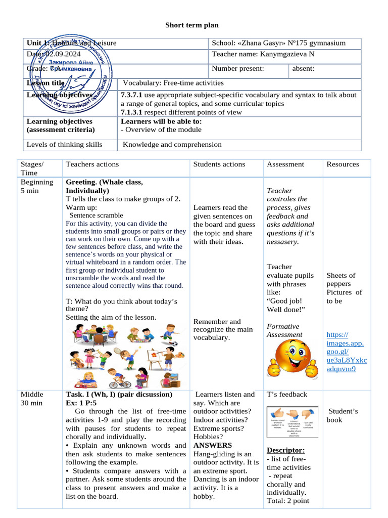 Grade 7A Hobbies & Leisure Lesson Plan | PDF | Reading Comprehension ...