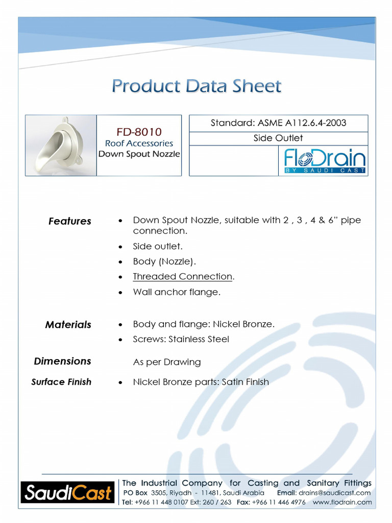 FD8010 Down Spout Nozzle Specifications | PDF