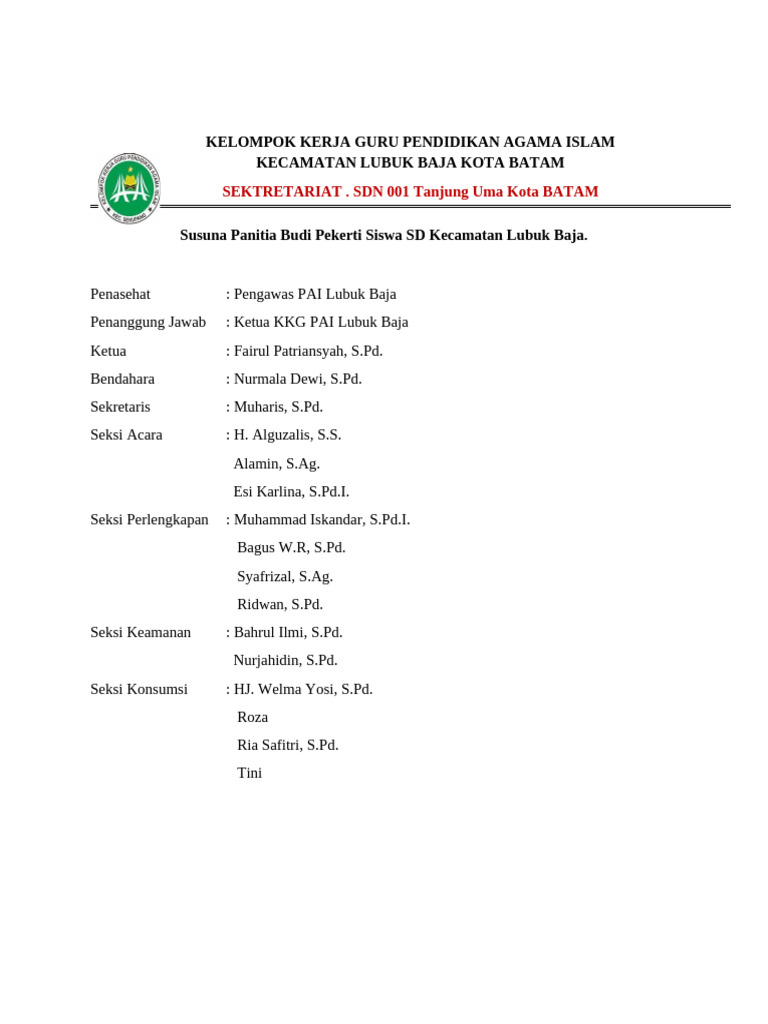 Susunan Panitia Kelompok Kerja Guru Pendidikan Agama Islam | PDF