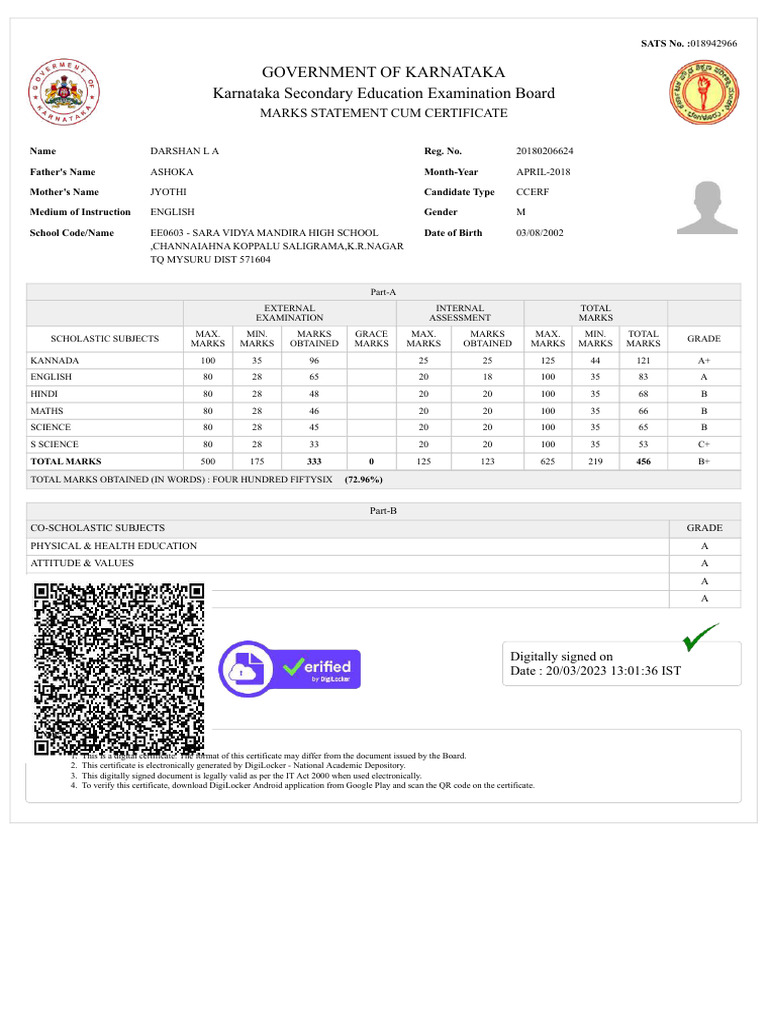 Darshan L a 10th Marks Card Compressed[1] | PDF
