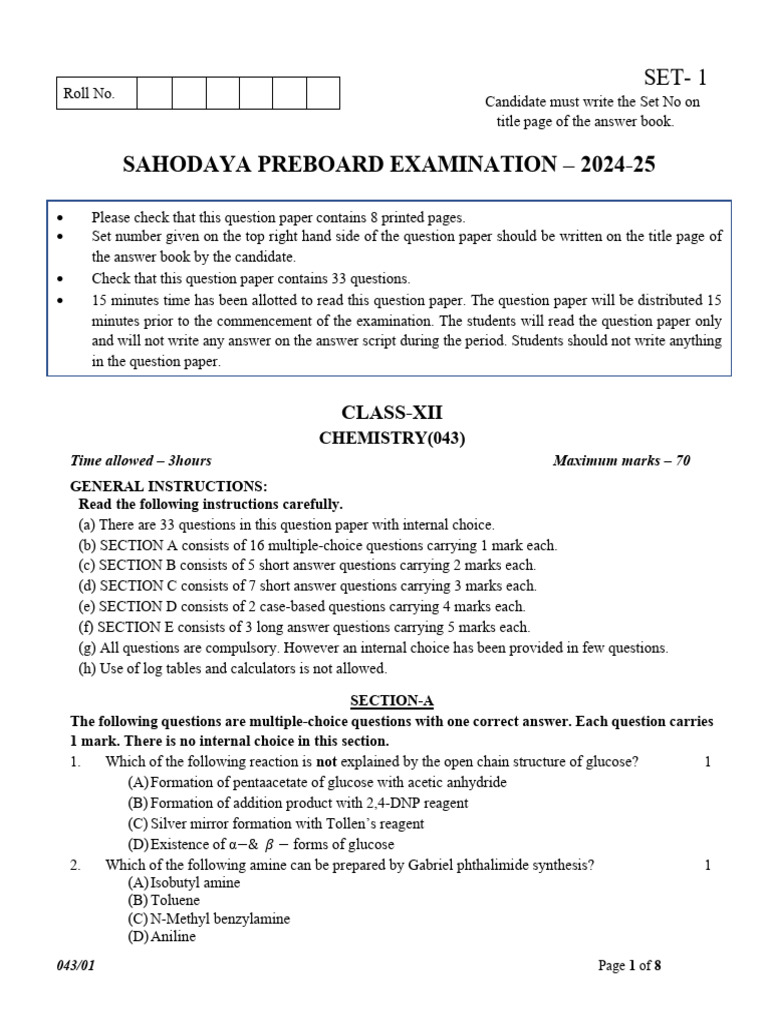Chemistry Set-1 QP Sahodaya PB 24-25 | PDF | Chemistry | Chemical Substances