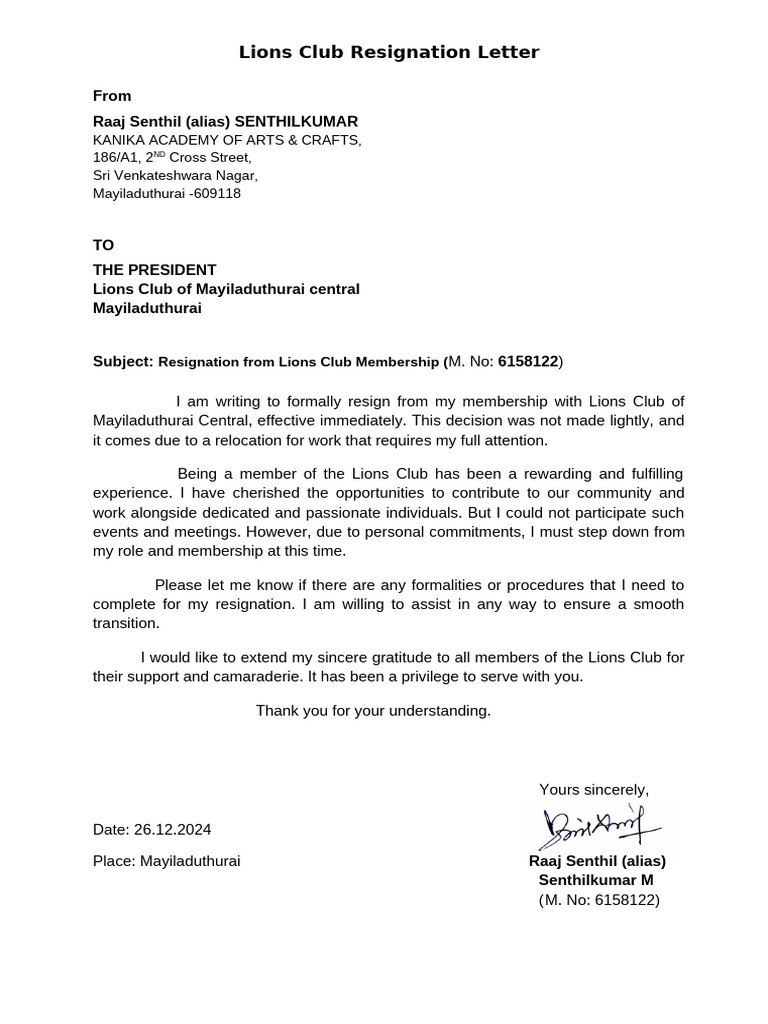 Lions Club Resignation Letter | PDF