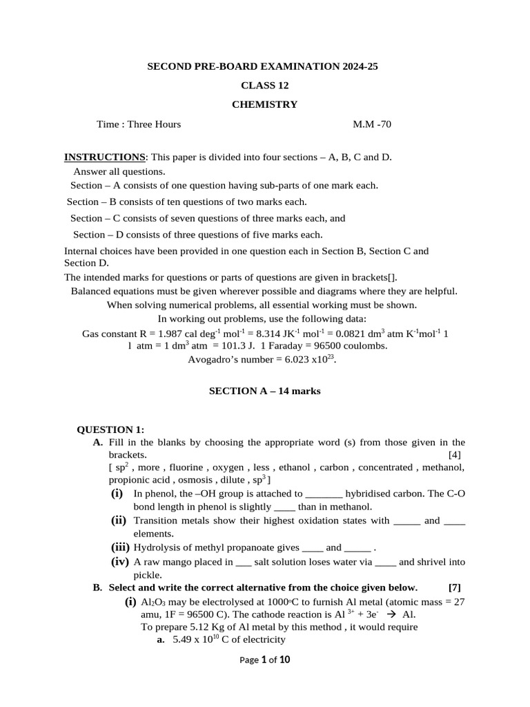 Second Pre-board 2024-25-1 | PDF | Chemistry | Physical Chemistry