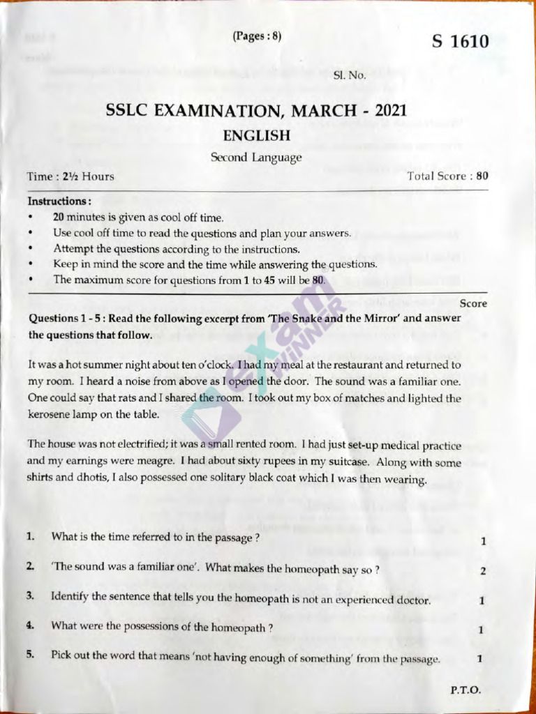 English SSLC Exam 2021 Question Paper | PDF