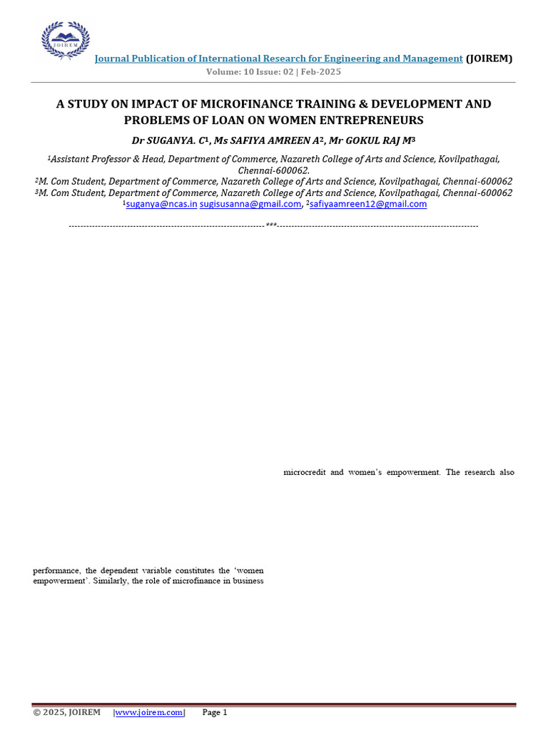A Study On Impact of Microfinance Training & Development and Problems of Loan On Women ...