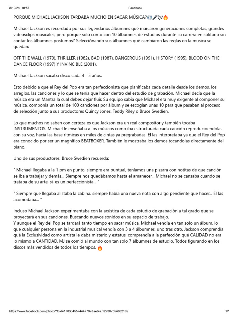 Texto de Facebook - Por Qué Michael Jackson Tardaba para Lanzar Discos ...