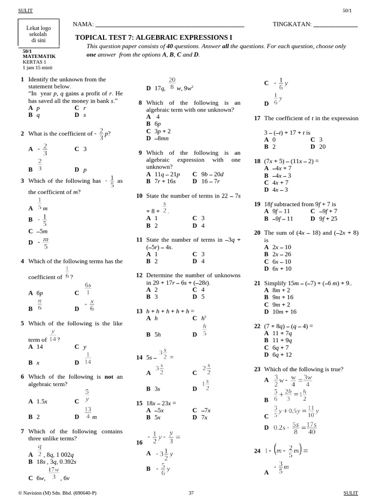 Algebraic Expressions Test Paper | PDF | Length | Elementary Mathematics