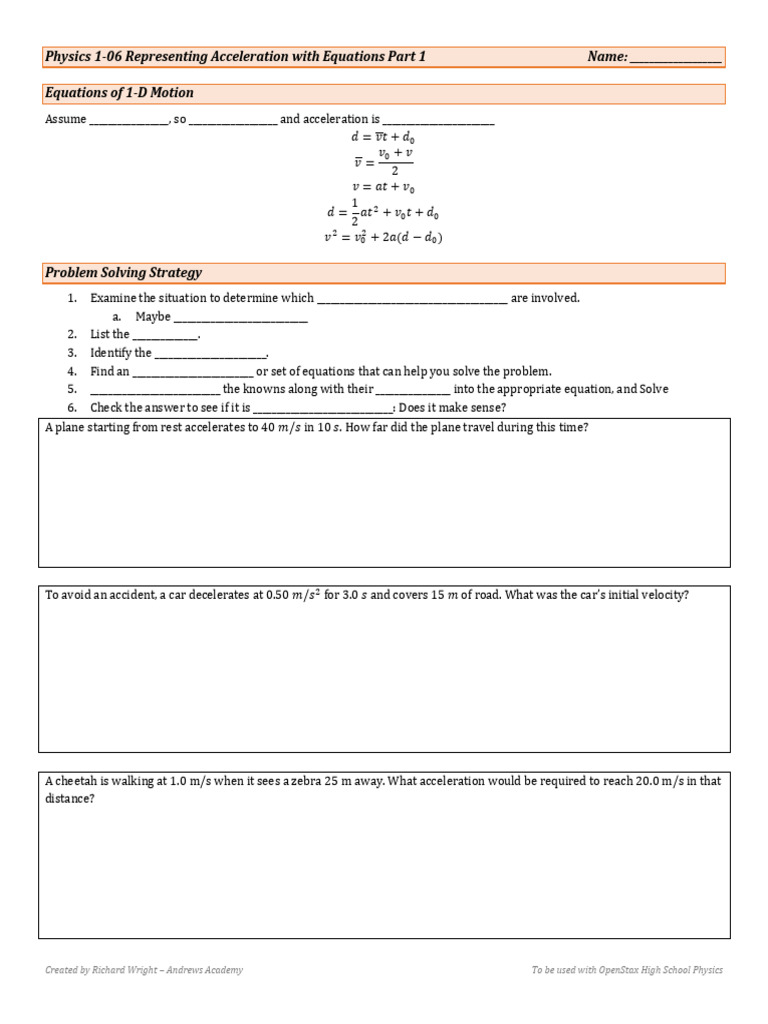 Acceleration Equations in Physics 1-D Motion | PDF | Acceleration ...