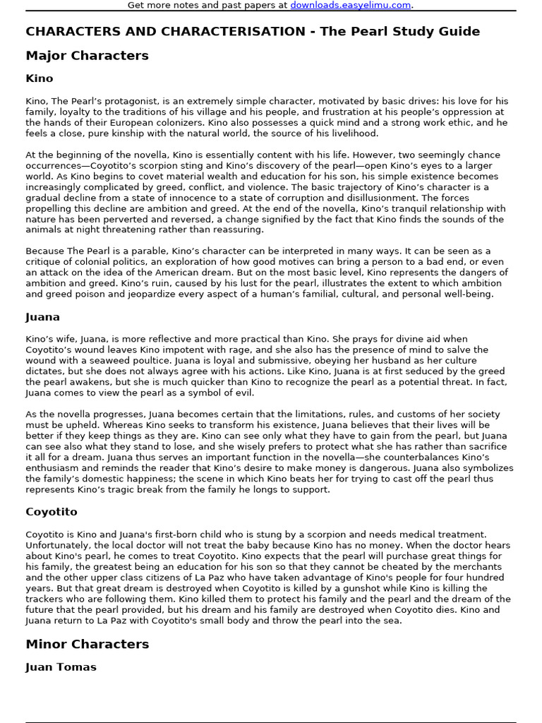 CHARACTERS AND CHARACTERISATION - The Pearl Study Guide | PDF