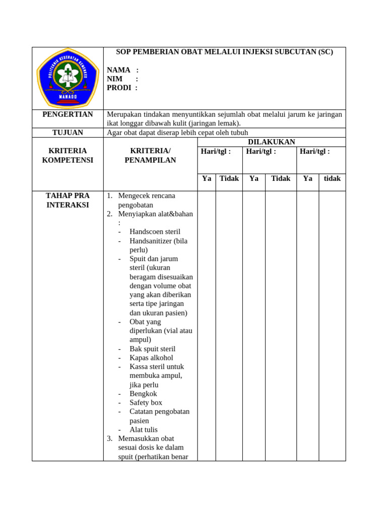 Sop Pemberian Obat Melalui Injeksi Subcutan | PDF