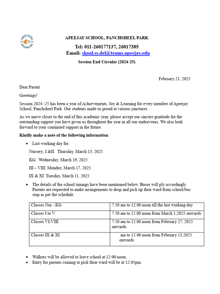 Session End Circular for Parents 2024 -25 | PDF