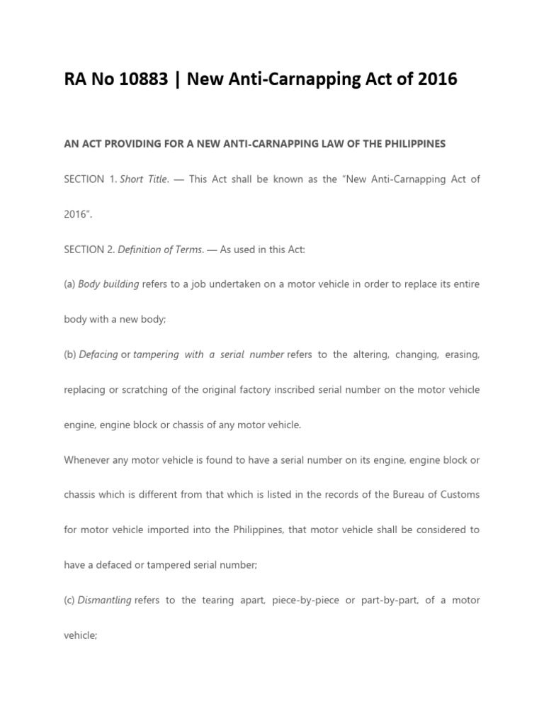 RA No 10883 New Anti-Carnapping Act of 2016 | PDF | Carjacking | Violence