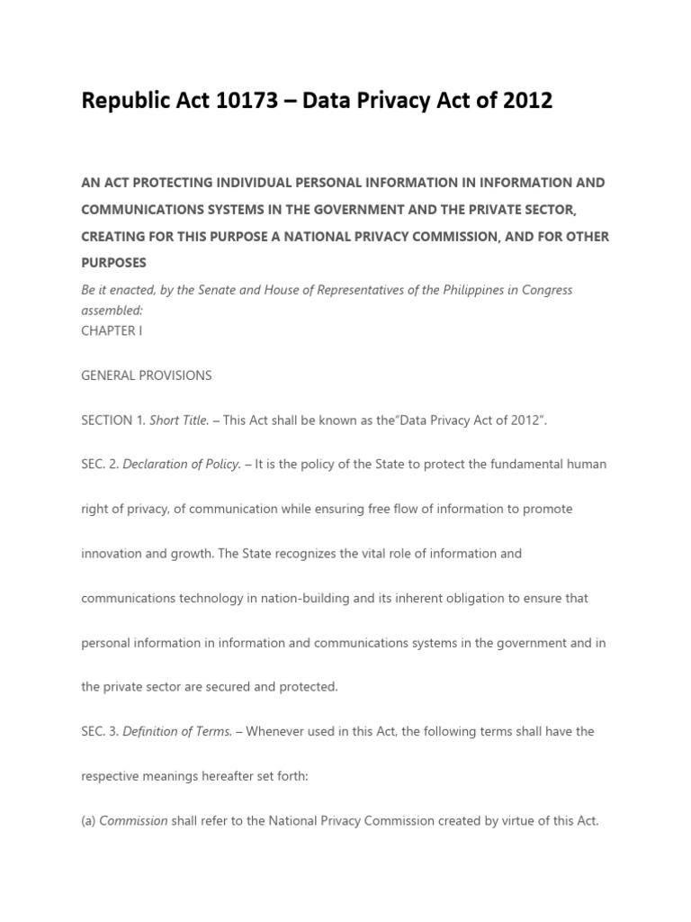 Republic Act 10173 Data Privacy Act of 2012 | PDF | Computer Security ...