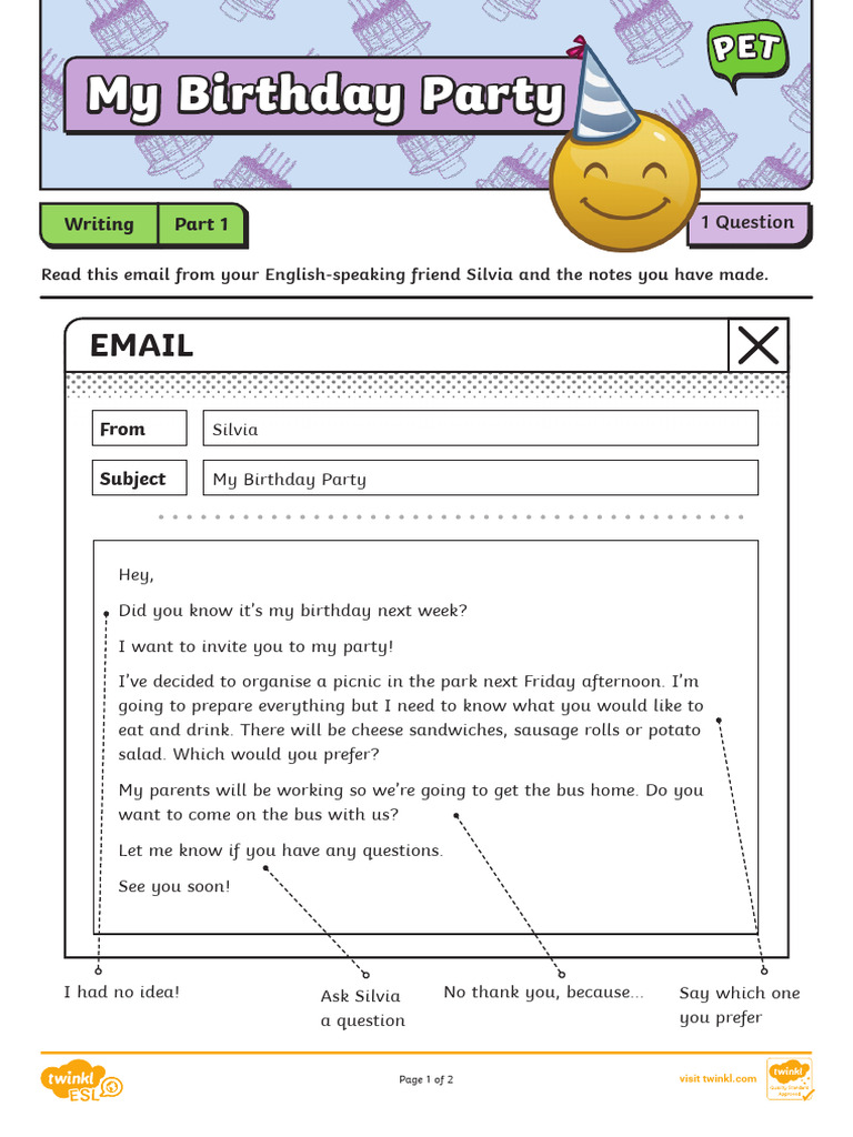 T 1719351389 Esl b1 Pet Writing Part 1 Birthday Party Teens b1 - Ver ...