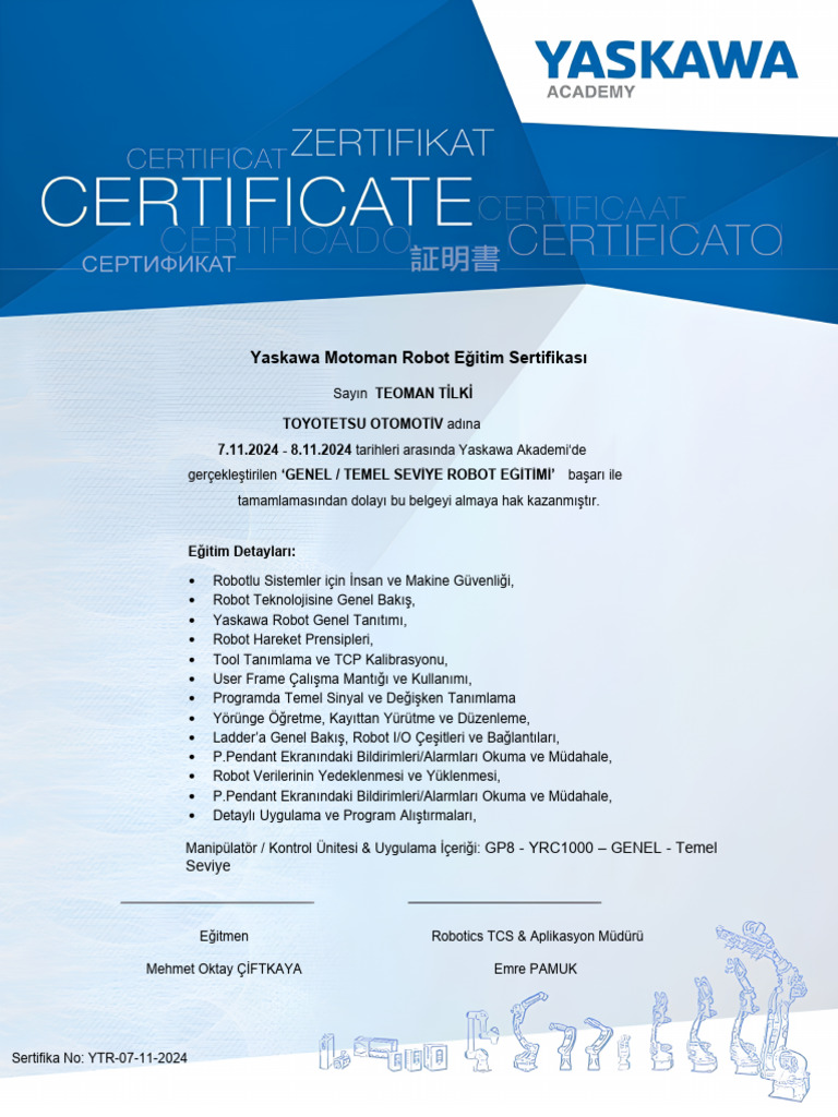 Toyotetsu Otomoti̇v Teoman Ti̇lki̇ Temel Seviye Robot Egitimi | PDF