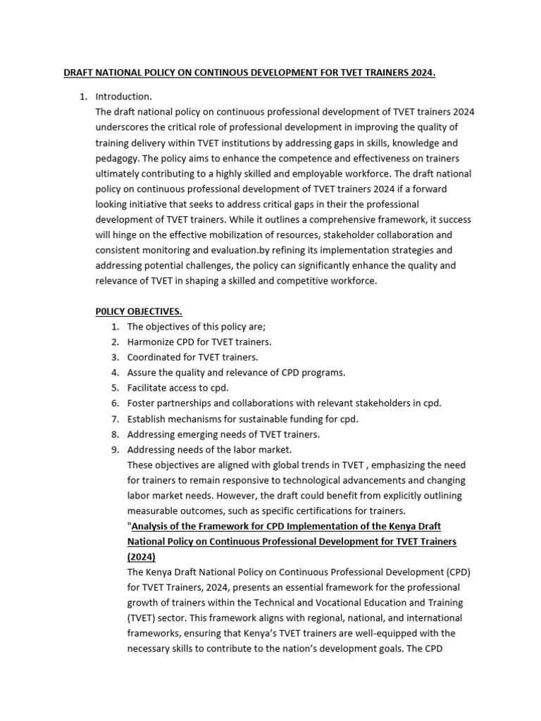 Draft National Policy On Continous Development For Tvet Trainers 2024 | PDF | Policy ...