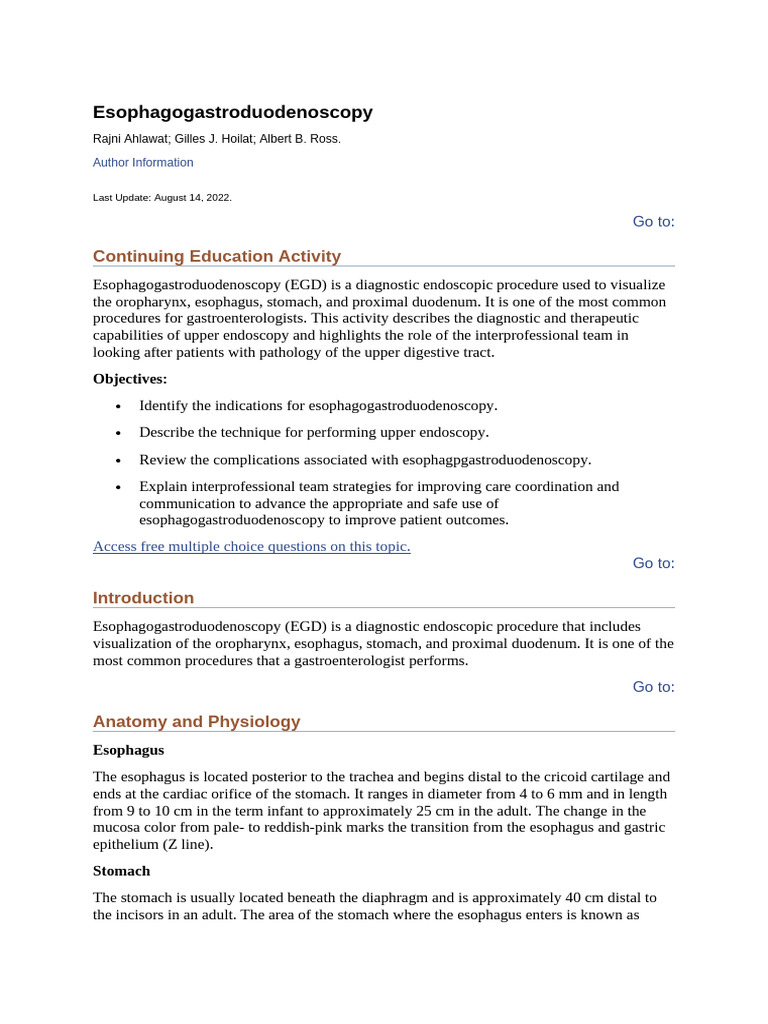 Esophagogastroduodenoscopy Overview | PDF | Esophagus | Stomach