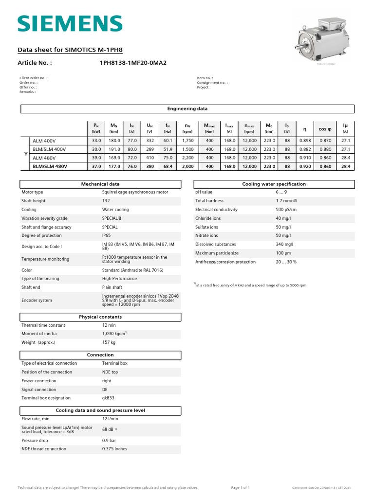 SIMOTICS M-1PH8 Motor Data Sheet | PDF | Physical Quantities