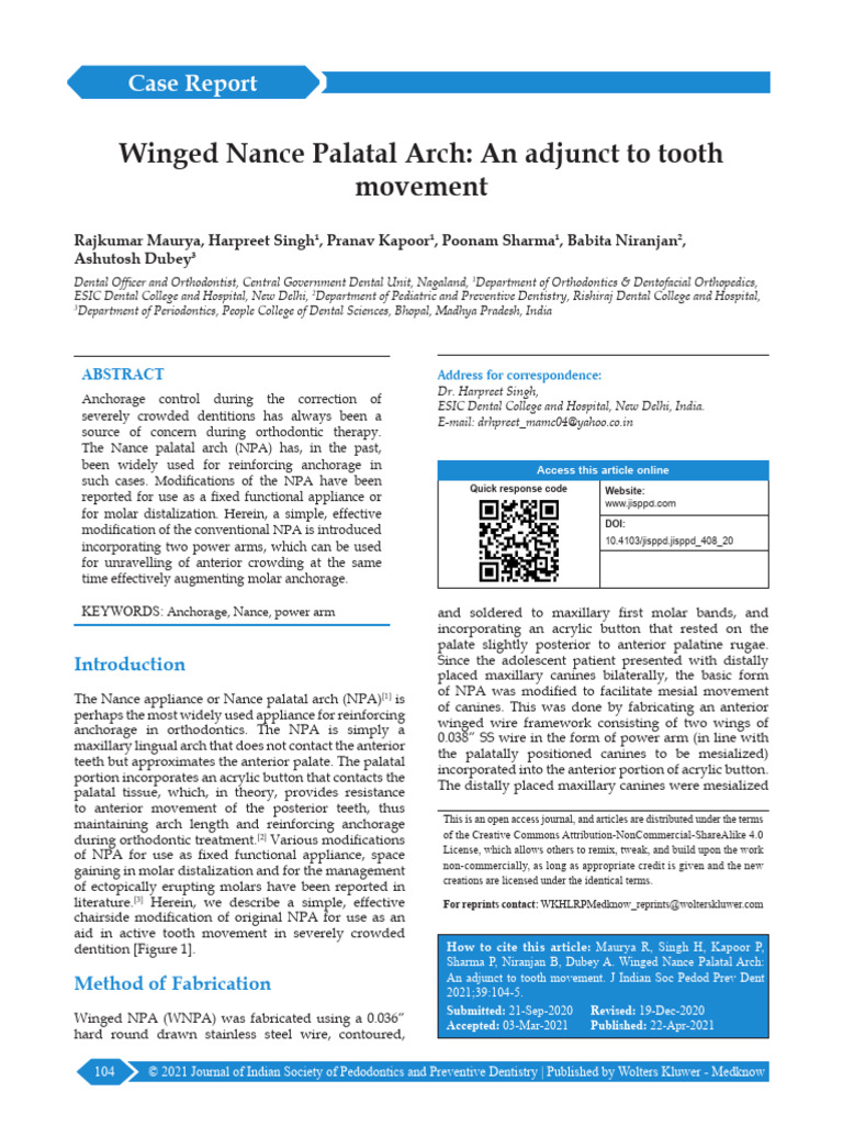 Winged Nance Palatal Arch An Adjunct To Tooth.19 | PDF | Orthodontics ...