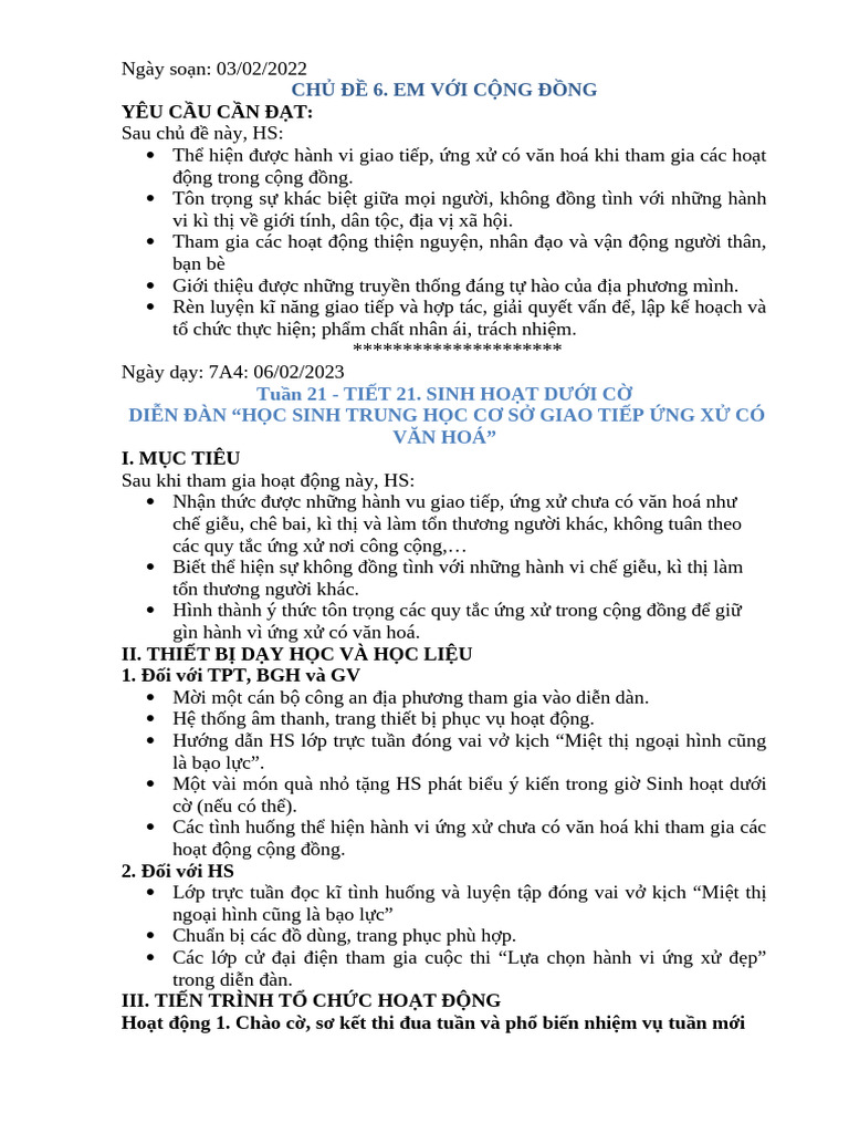 HDTNHN 7 Ki 2 Co 3 Tiet SHDC HDTCD SHL Trong 1 Tuan | PDF