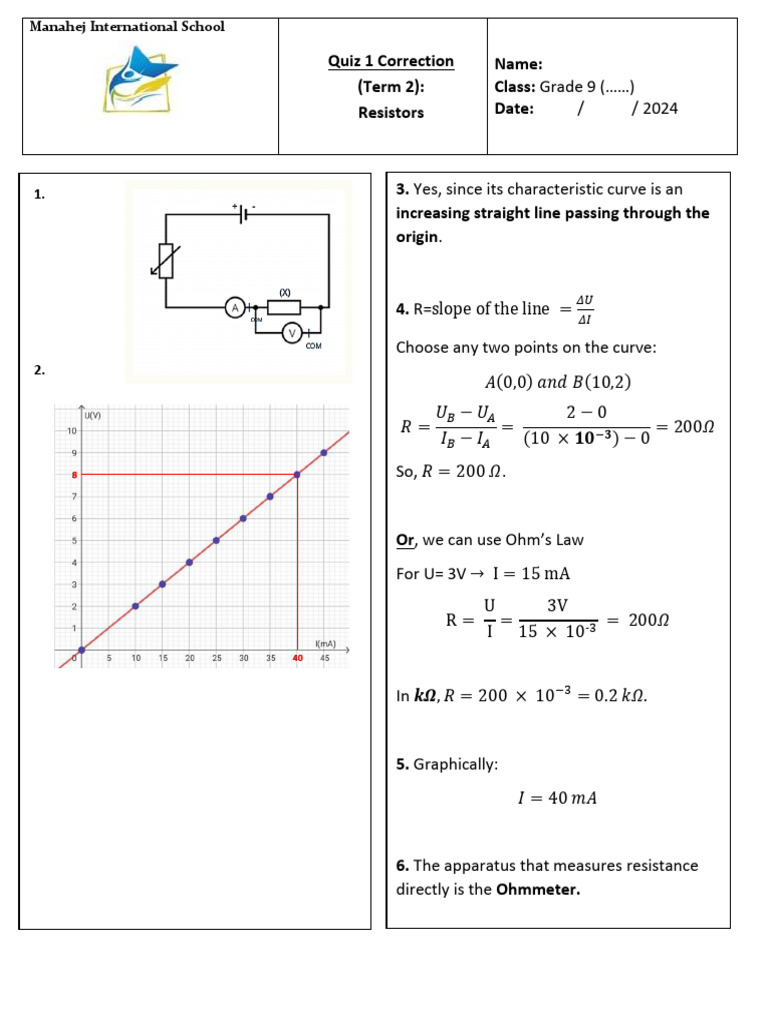 Grade 9 Resistor Quiz Corrections | PDF