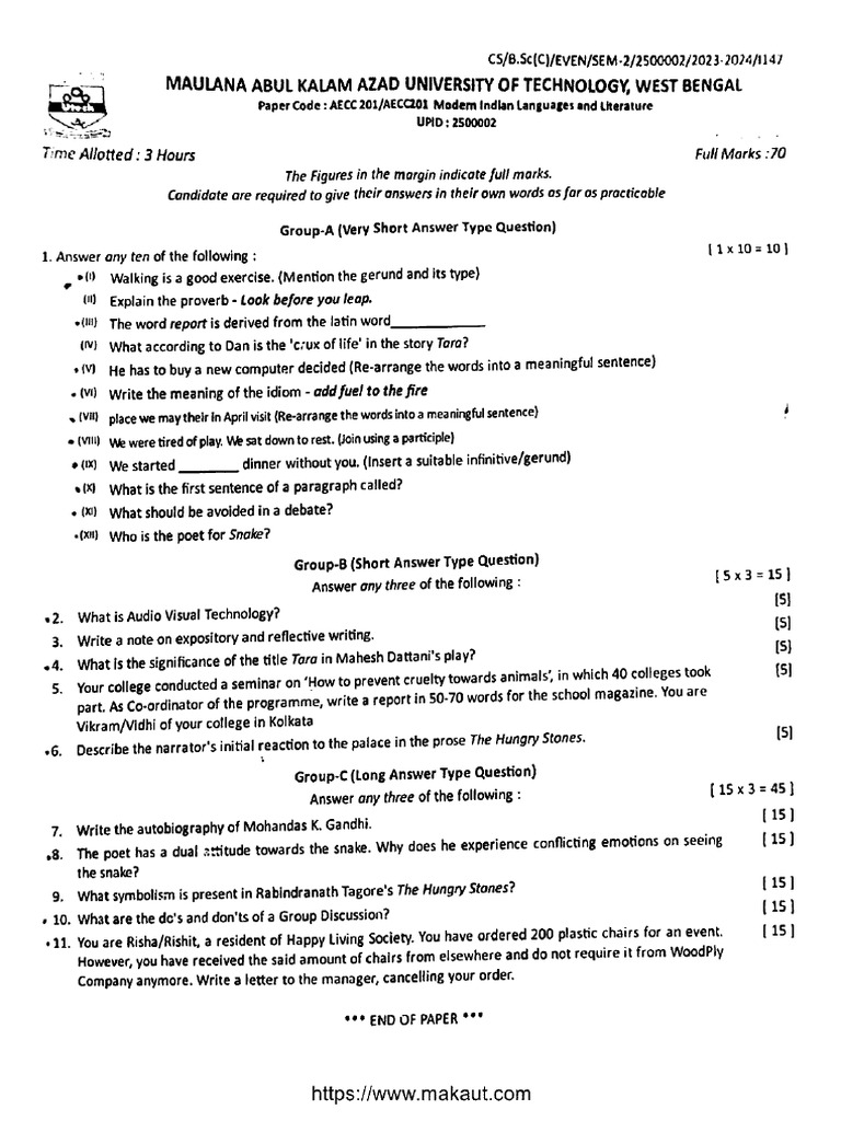 BSC 2 Sem Modern Indian Languages and Literature Aecc 201 2024 | PDF