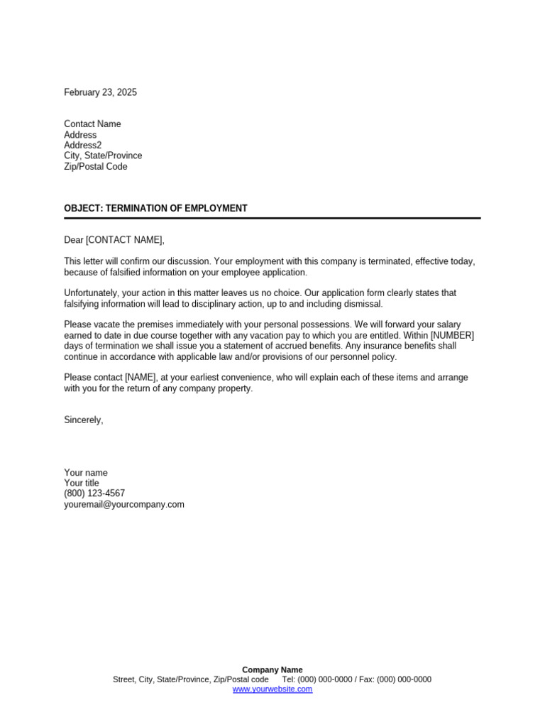 Notice of Termination - False Employee Information | PDF