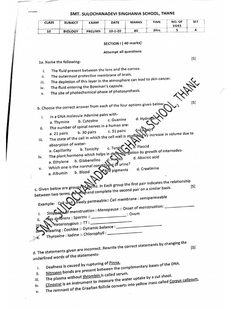 Sulochanadevi Singhania School BIOLOGY 2020 | PDF