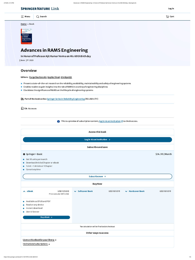 Advances in RAMS Engineering - in Honor of Professor Ajit Kumar Verma On His 60th Birthday ...