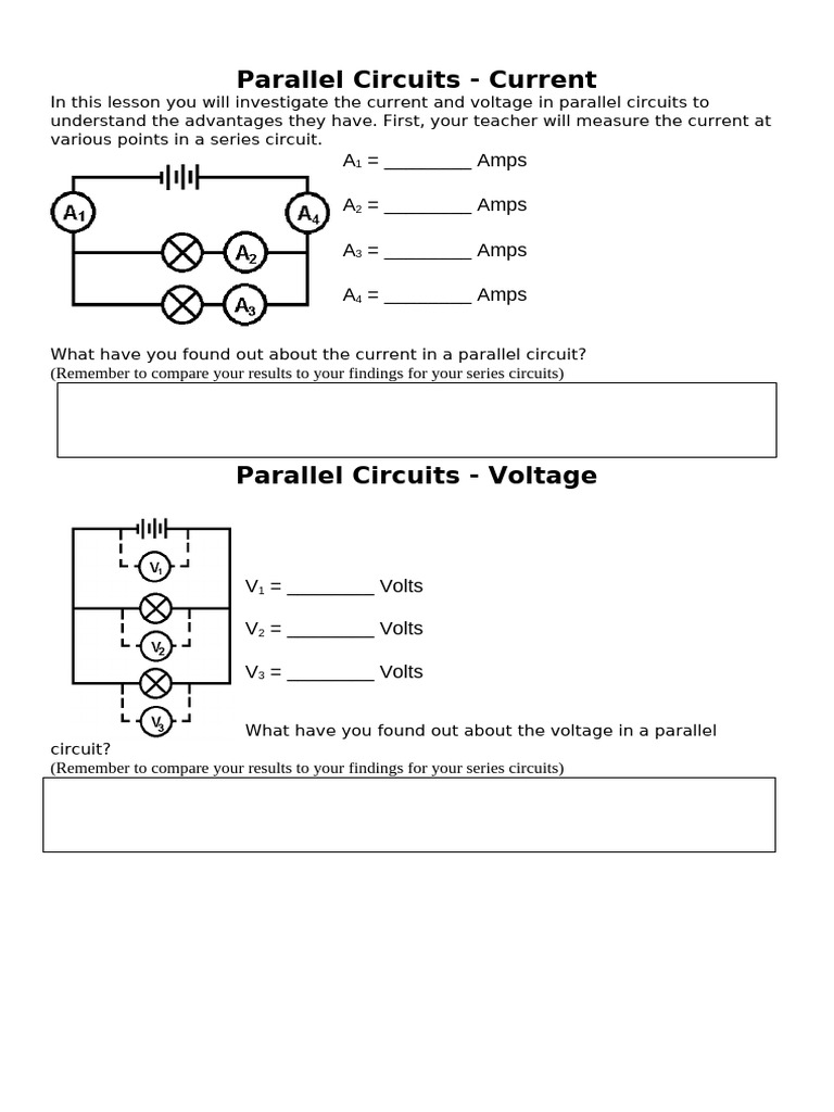 Current and Voltage in Parallel Worksheet For HA | PDF
