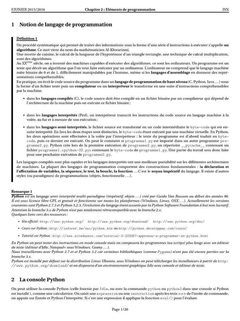 ISN2015 Programmation Chap 1 Web 1 | PDF | Variable (informatique) | Python (Langage de ...