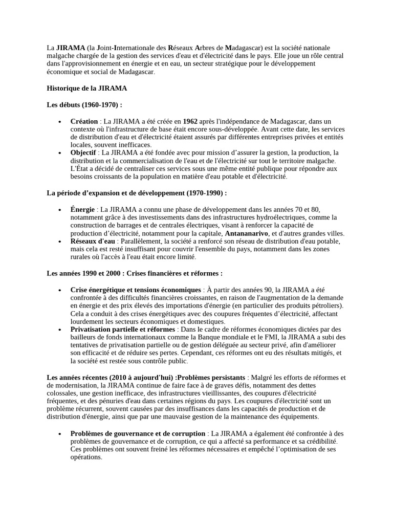 Historique et défis de la JIRAMA | PDF | Madagascar | Eau