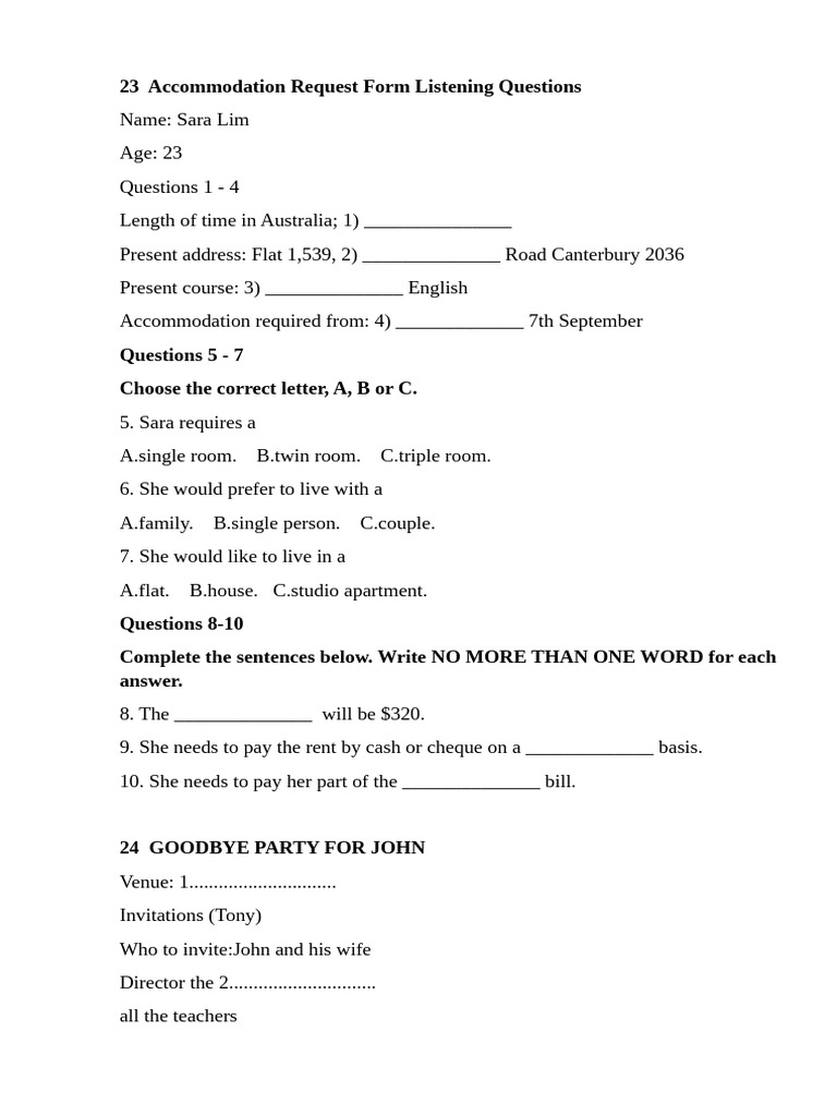 23 Accommodation Request Form Listening Questions | PDF