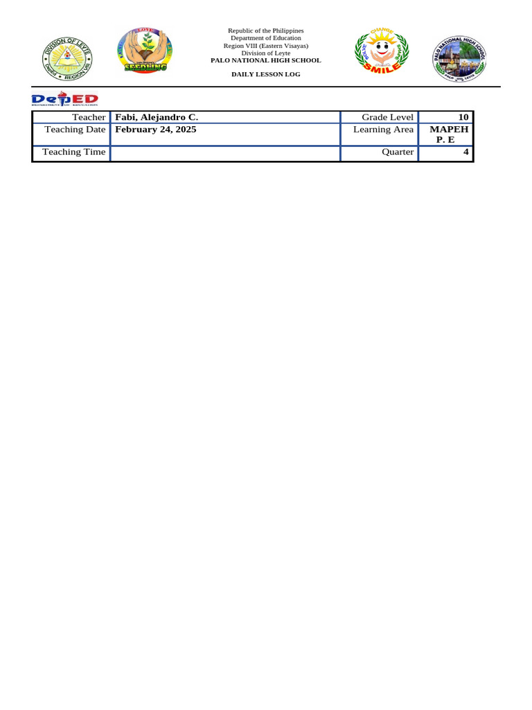 Daily Lesson Log: Grade 10 MAPEH PE | PDF | Learning | Teachers