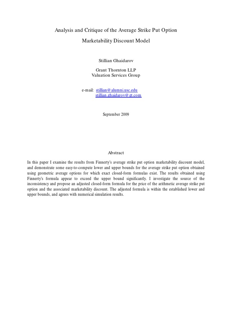 Valuation Models for Marketability Discounts | PDF | Moneyness | Option ...