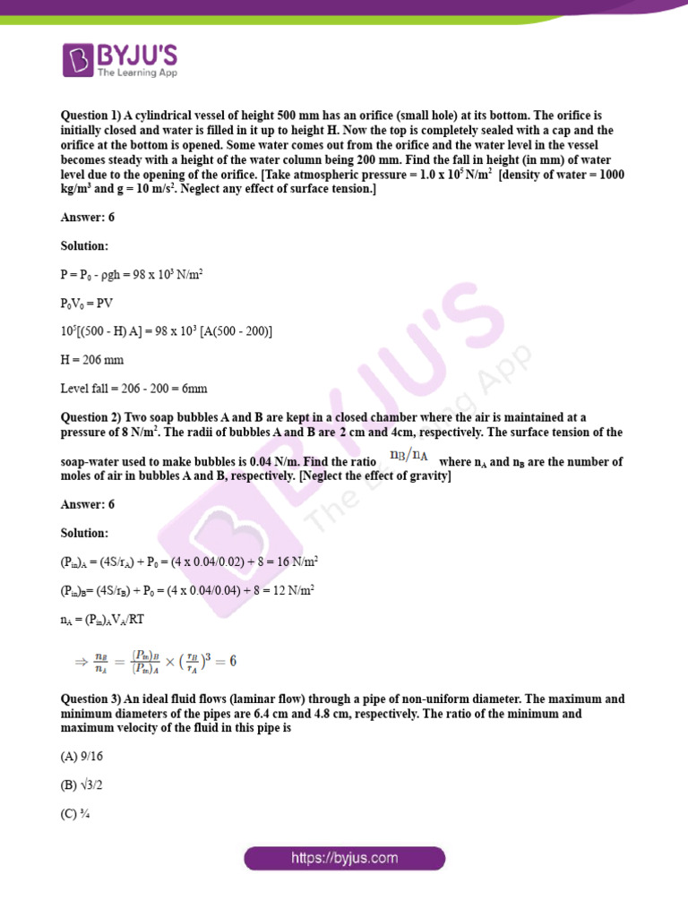 Fluid Mechanics JEE Advanced Previous Year Questions With Solutions PDF | PDF | Pressure ...