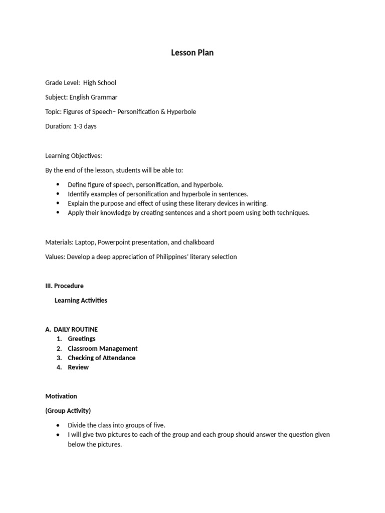 Personification and Hyperbole in Poetry | PDF | Lesson Plan | Learning